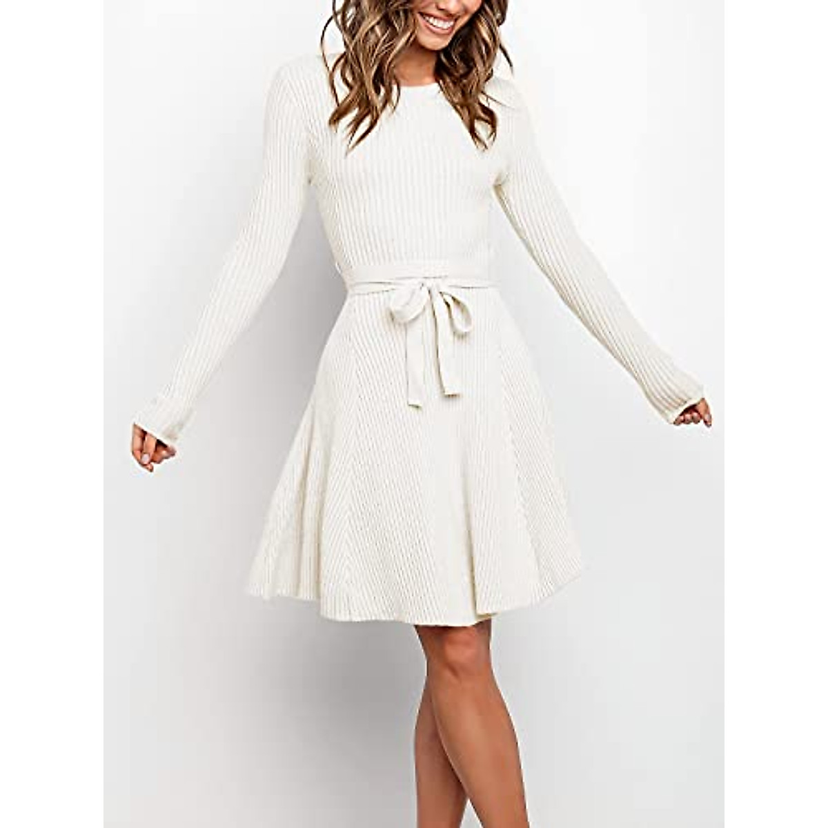 ANRABESS Womens Sweater Dress Long Sleeve A Line Crewneck Slim Fit Tie Waist Casual 2023 Fall Fashion Outfits Clothes Midi Swing Bodycon Ribbed Knit Mini Short Dress with Belt 669mibai-M White