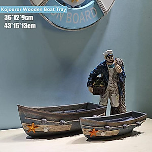 Konjouror Wooden Boat Tray Display, 2 Pack Blue Boat Model Decoration, Nautical Beach Ocean Decor