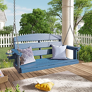 VICLLAX Outdoor Hanging Porch Swing, HDPE Patio Swing Chair with Cup Holders, 2 Seat Swing Chair Bench for Courtyard & Garden, 600LBS Weight Capacity, Dark Blue