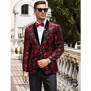 COOFANDY Mens Floral Tuxedo Jacket Regular Fit Velvet Blazer Red Wedding Party Prom Suits Jacket