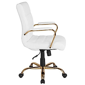 Flash Furniture Whitney Mid-Back Desk Chair - White LeatherSoft Executive Swivel Office Chair with Gold Frame - Swivel Arm Chair