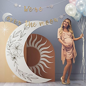 MUWEOL We’Re Over The Moon Banner - Over The Moon Baby Shower Decoration,Gender Reveal Wall Hanging Banner,Golden Glitter Party Wall Decoration (moon banner golden)