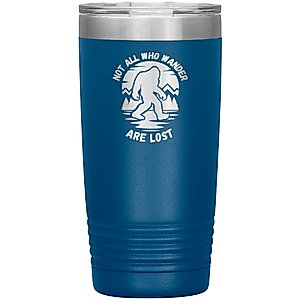 Bigfoot Tumbler Cup with Lid - Not All Who Wander Are Lost - Double Walled, Insulated Sasquatch Travel Coffee Mug - 20 oz (Blue)