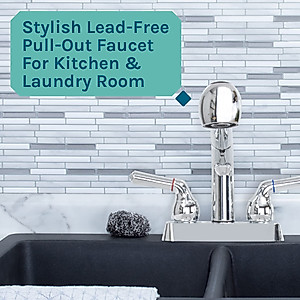 JS Jackson Supplies Dual Handle Pull Out Faucet, Chrome Finish, 4 Inch Center Set, Universal Utility Sink or Laundry Tub ABS Plastic Faucet with Spray Setting