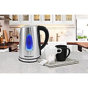 Elite Gourmet EKT-1271# Ultimate 1.7 Liter Electric Kettle – Stainless Steel Design & Cordless 360° Base, Stylish Blue LED Interior, Handy Auto Shut-Off Function – Quickly Boil Water For Tea & More