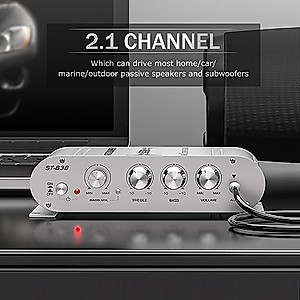 Facmogu ST-838 2.1CH Audio Power Amplifier, RMS 20Wx2+40W Class D Stereo Digital Audio Amp with Subwoofer Output, 80W Mini Subwoofer Amplifier Audio Stereo Bass Amp with DC12V Power Adapter - Silver