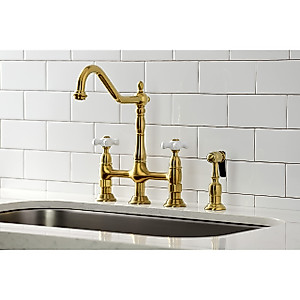 Kingston Brass KS1277PXBS Heritage 8-Inch Center Kit Bridge Faucet with Brass Sprayer, Brushed Brass