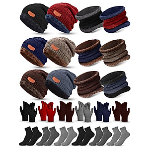 24 Pcs Winter Hat Scarf Gloves Socks Set Slouchy Knit Skull Cap Beanies Fleece Lined Knitted Hat Fleece Lining Neck Warmer Neck Gaiter Warm Sock for Women Men Cold Weather, Multicolor
