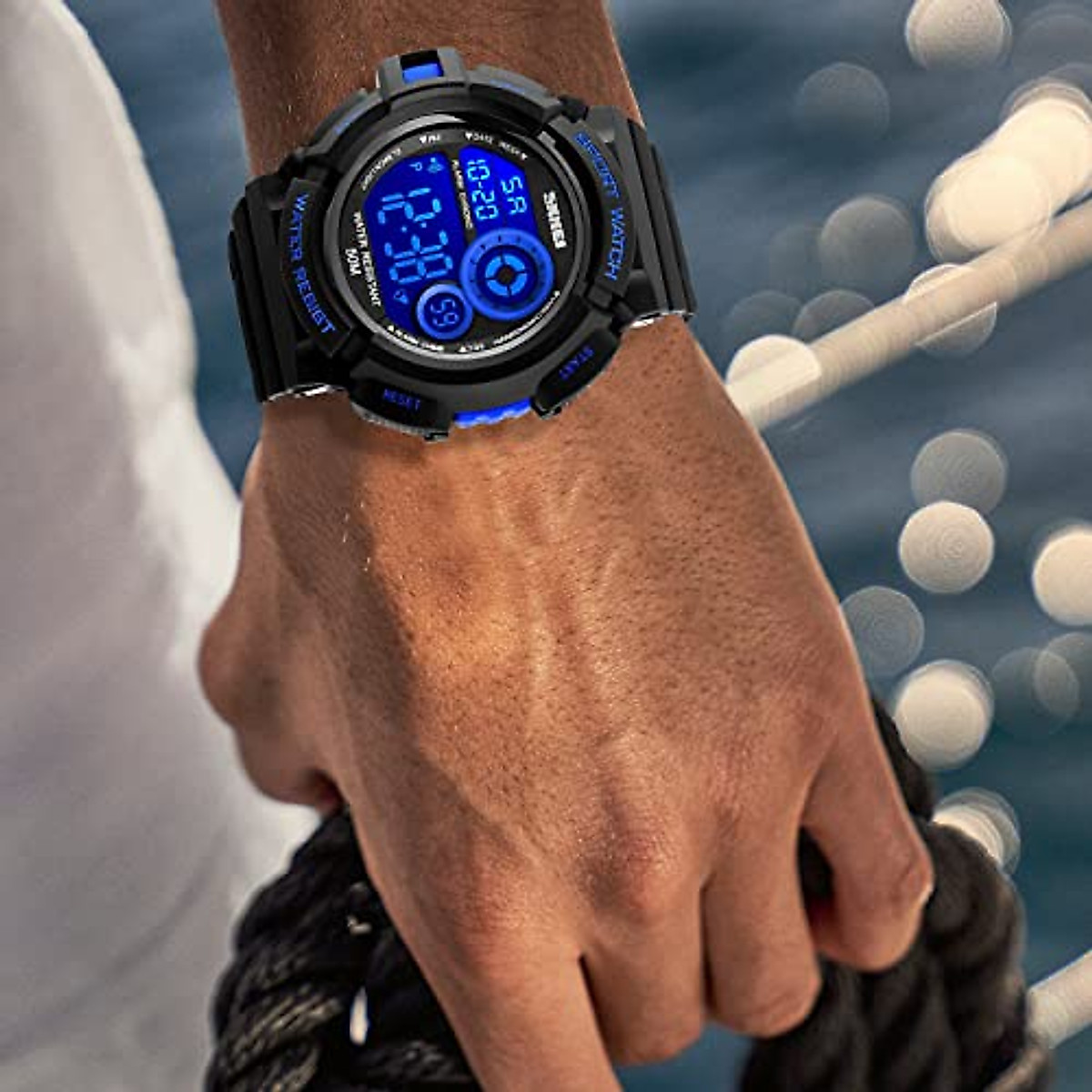 FANMIS Mens Military Multifunction Digital Watches 50M Water Resistant Electronic 7 Color LED Backlight Black Sports Watch (Blue)