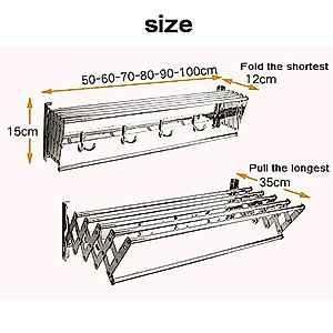 FAXIOAWA Retractable Wall-Mounted Dryer Folding Clothes Drying Rack 50-100Cm 6 Rail Towel Bar Hook Pole Airer Washing Line Bathroom Dryer Balcony Indoor Outdoor,60cm