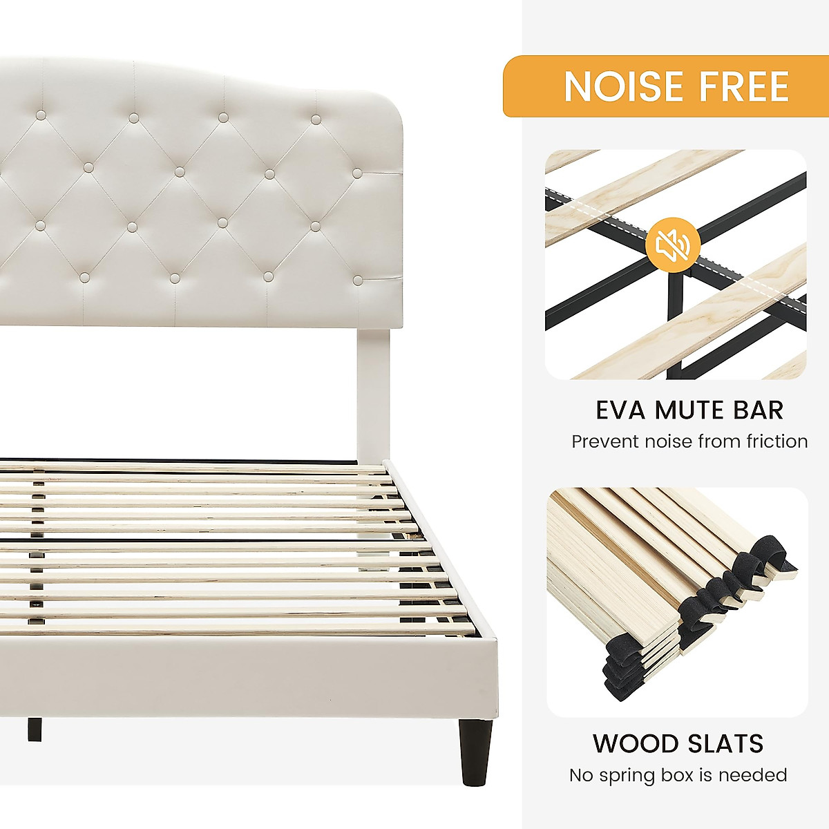 IDEALHOUSE Queen Bed Frame with Headboard Adjustable, Leather Platform Bed Upholstered Queen Size, Button Tufted Mattress Foundation, Wooden Slat Support, No Box Spring Needed, White