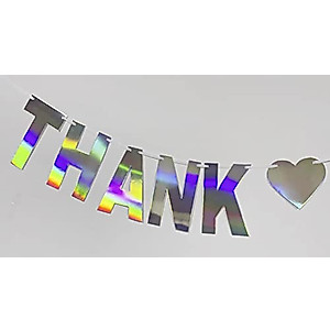 Blukey Holographic Thank You Banner Hanging Bunting String Flag Iridescent White Thanksgiving Banners and Signs