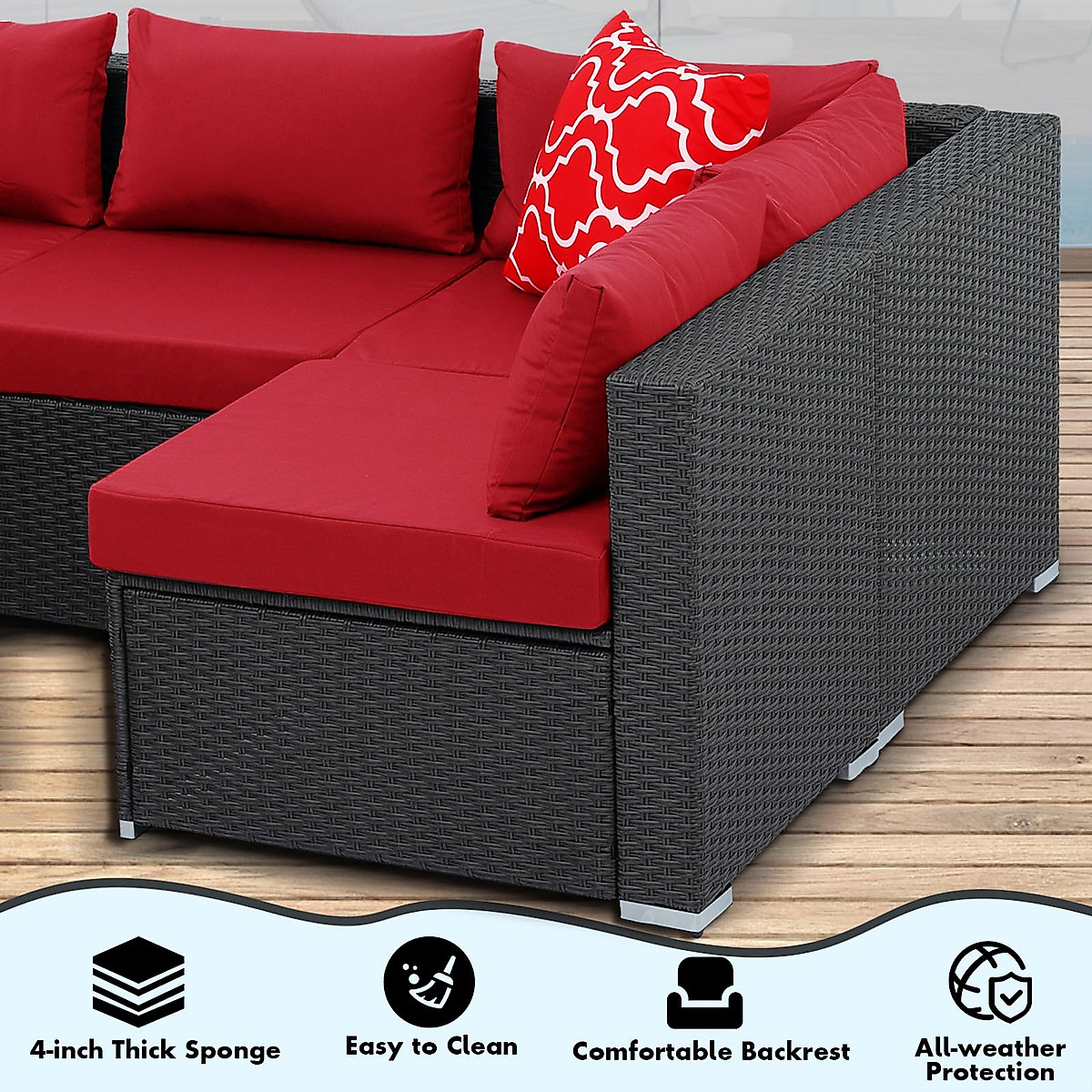 YIORTWO 7 Pieces Patio Furniture Set Conversation Furniture Sets, Outdoor Wicker Patio Sectional Furniture with Waterproof Cushions and Coffee Table for Backyard Lawn Garden Porch Poolside, Red