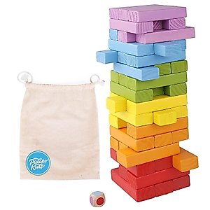 Pidoko Kids Wooden Stacking Building Blocks (49 Pcs) - Colorful Tumbling Blocks Board Games for Family Game Night - Montessori Toys Gifts, includes Storage Bag
