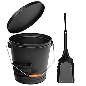 F2C Ash Bucket with Lid and Shovel 5.15 Gallon Large Galvanized Metal Coal and Hot Ash Pail for Fireplace, Fire Pits, Wood Burning Stoves, Grill, Outdoor, Black