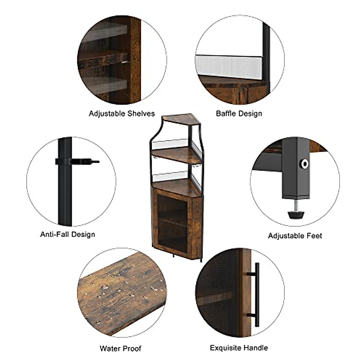 Amyove Corner Wine Bar Cabinet with Detachable Wine Rack, Industrial Wine Cabinet with Glass Holder, Small Sideboard and Liquor Coffee Bar Cabinet with Mesh Door, ‎Retro Brown