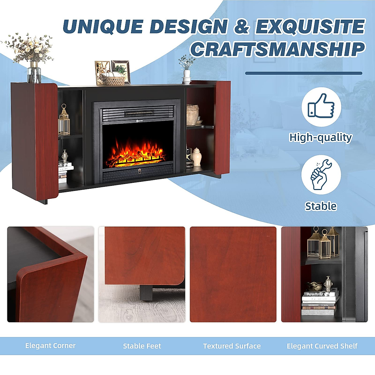 EROMMY 63'' Fireplace TV Stand with 28'' Electric Fireplace Insert, Entertainment Center with 3 Colors Flame Fireplace Heater, TV Console for TVs up to 70'' for Living Room, Bedroom, Office, Cherry