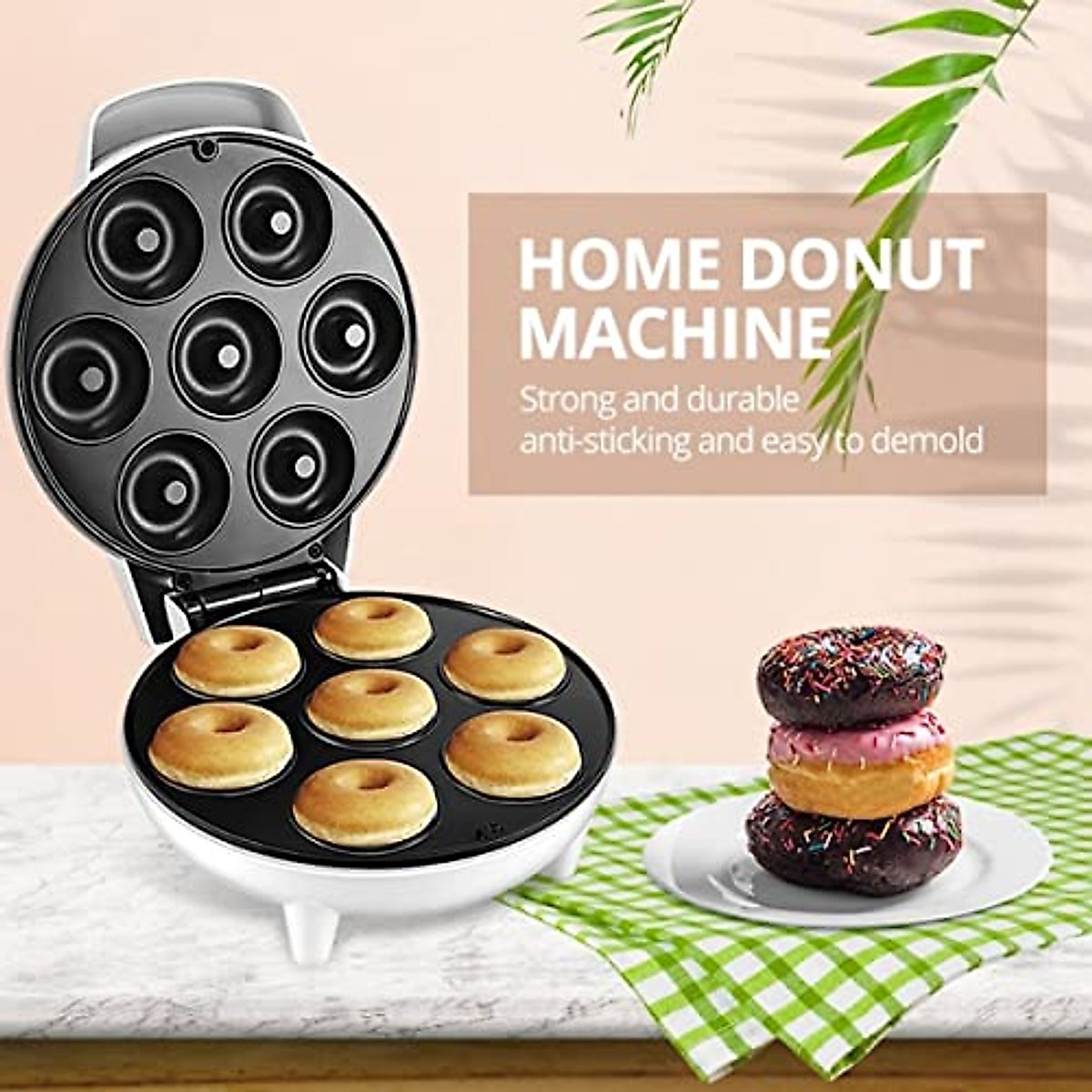 Mini Donut Maker Machine, Electric Non-Stick Donut Maker Machine for Makes 7 Doughnuts, Kid-Friendly Breakfast, Snacks, Donut Print Desserts & More for Home and Travel Use