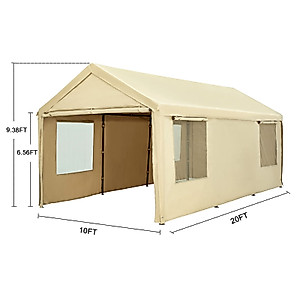 Carport, 10 x 20 ft Heavy Duty Carport with Ventilated Windows, Portable Garage with Removable Sidewalls & Doors, All-Season Car Canopy for Auto, Truck, Boat, SUV, Beige CP01