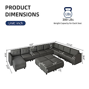 LLappuil Modular Sectional Sofa with Storage, Oversized Couch 14 Seater U Shaped Sofa with Chaise, Faux Leather Fabric Large Sectional Couch with Ottoman, Dark Grey