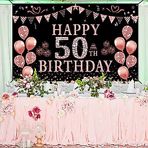 Trgowaul 50th Birthday Decorations Women - Black Rose Gold Happy 50th Birthday Banner Backdrop, 60 Pcs Latex Confetti Balloons and 50 Number Balloons 50 Years Old Birthday Party Supplies Gifts for her
