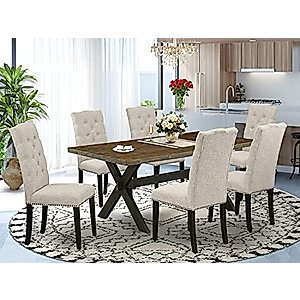 East West Furniture X677EL635-7 7-Piece Dining Table Set - Dining Table Rectangular Top and 6 Parson Dining Chairs Padded Seat and Back (Distressed Espresso & Wire Brushed Black Finish)