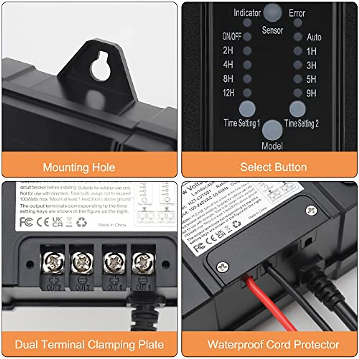 Derekland Low Voltage Transformer, 100W Landscape Lighting Transformer with Timer and Photocell Sensor, Waterproof Dual Output 120V to 12V DC Power Supply for Spotlight Pathway Light Deck Light