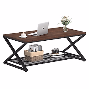 LVB Walnut Coffee Table with Storage, Metal Wood Rectangle Living Room Table, Industrial 2 Tier Center Table with Mesh Shelf, Vintage Wooden Middle Concrete Tables for Office Bedroom, 39 inch, Walnut