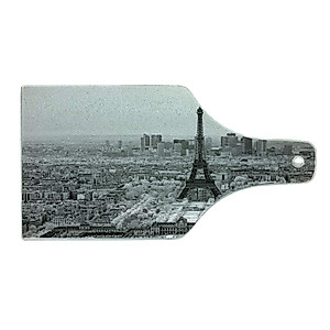 Lunarable Eiffel Tower Cutting Board, Eiffel Tower Paris City Structure Morning Scenic Monochrome Urban View, Decorative Tempered Glass Cutting and Serving Board, Wine Bottle Shape, Pale Grey