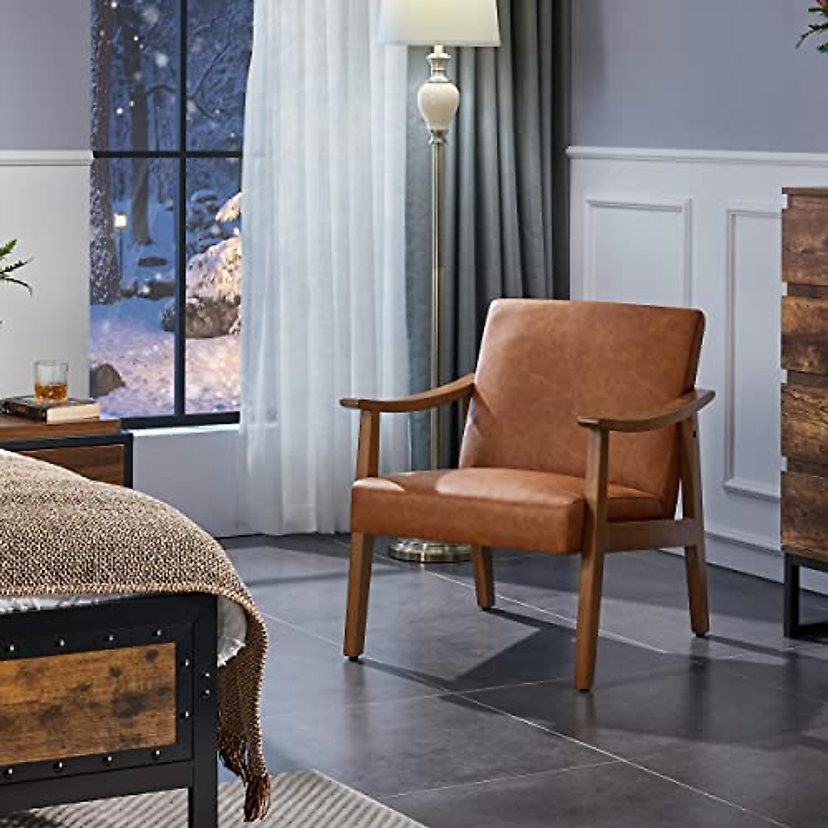 Yaheetech PU Leather Accent Chair, Mid-Century Modern Armchair with Solid Wood Legs, Reading Leisure Chair with High Back for Living Room Bedroom Waiting Room, Light Brown 1