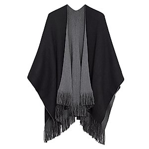 Urban CoCo Women's Vintage Poncho Cape Tassel Shawl Wrap Cardigan Coat (Black)