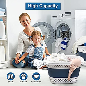 Nancyber Collapsible Plastic Laundry Basket, 42L Large Laundry Hamper with Handles, Foldable Pop Up Storage Container/Organizer, Portable Clothes Hampers/Baskets in the Dorm & Family, White & Blue