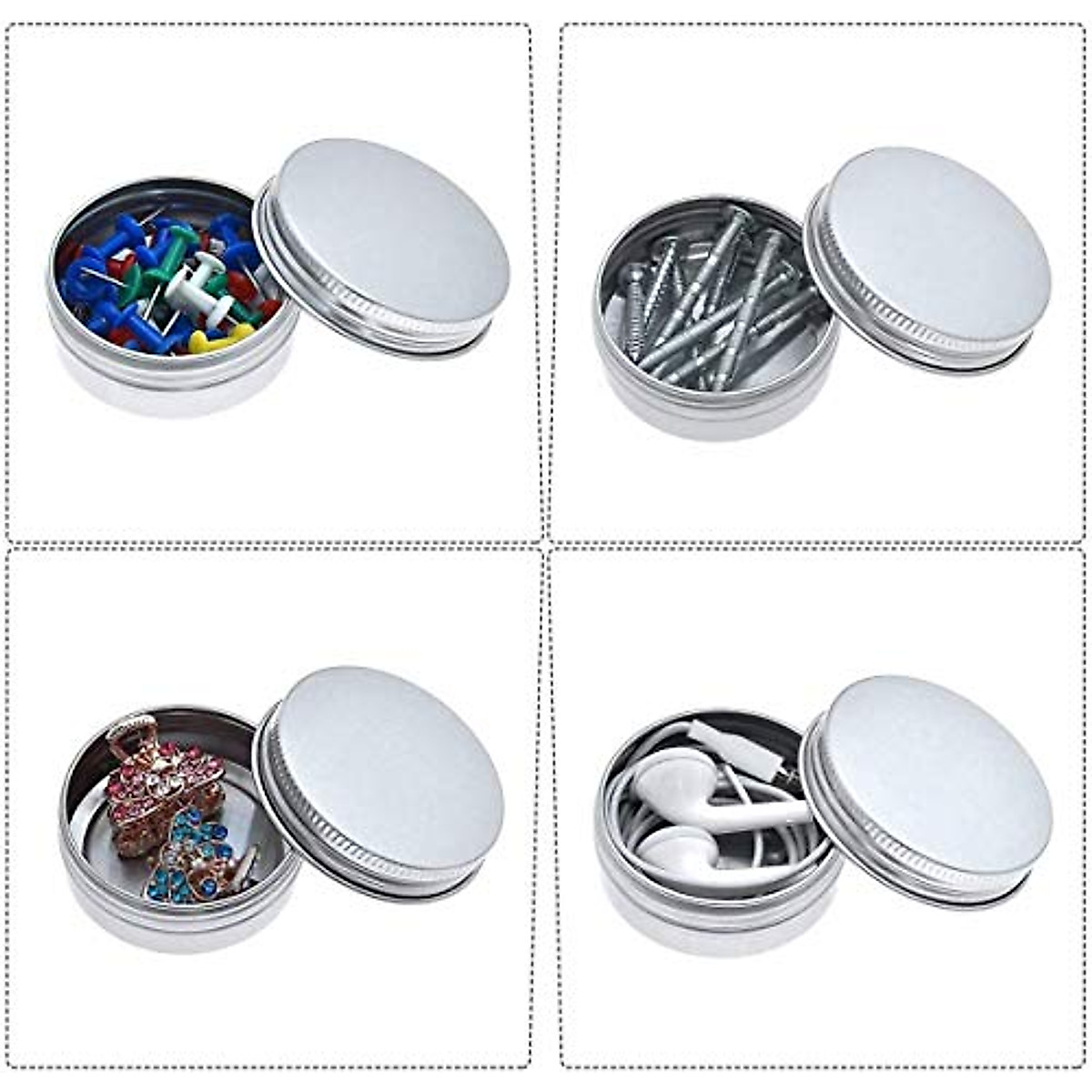 Healthcom 2Oz/60ML Metal Tin Steel Flat Silver Metal Tins Jars Empty Slip Slide Round Tin Containers With Tight Sealed Twist Screwtop Cover,21 Pcs
