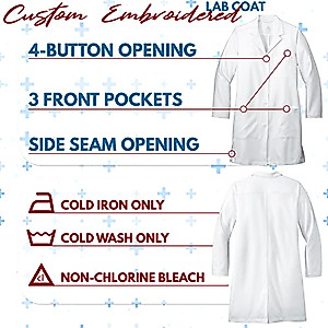 Personalized Embroidered Lab Coat for Women & Men - 12 Thread Colors, 7 Sizes - 3 Pockets & Long Sleeve - Women, Medium, White