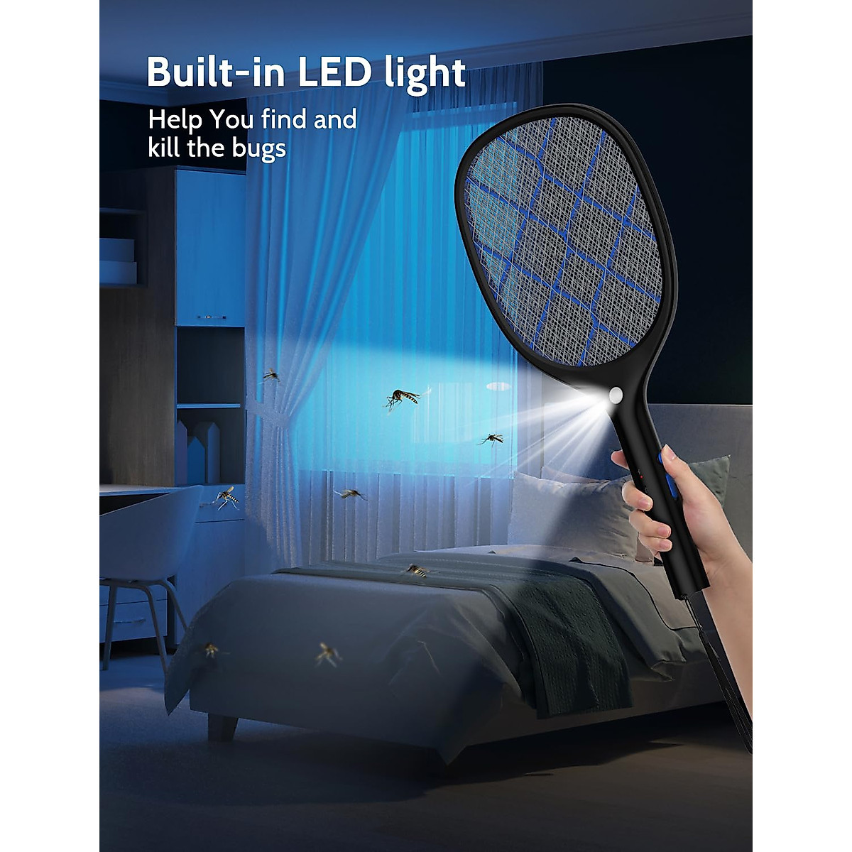 YISSVIC Electric Fly Swatter Bug Zapper Racket Rechargeable Mosquito Killer LED Light for Indoor Home Office Backyard Patio Camping