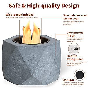 KIZZBY Table Top Fire Pit Bowl - Concrete Tabletop Rubbing Alcohol Fireplace Indoor Outdoor Decor Portable Mini Smores Maker for Patio Balcony with Extinguisher
