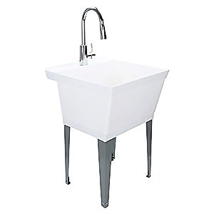 JS Jackson Supplies White Utility Sink Laundry Tub with High Arc Chrome Faucet, Pull Down Sprayer Spout, Heavy Duty Slop Sinks for Basement, Garage, or Shop, Free Standing Wash Station