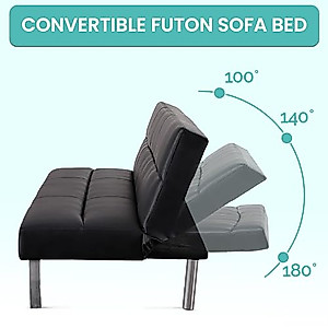 Naomi Home Black Faux Leather Futon Sofa Bed, 66"W x 31"D x 28.3"H, 3-Position Reclining, 500 lbs Weight Capacity