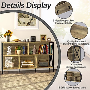 Horizontal Bookshelf,Industrial Modern 5 Cube Low Wide Cubby Bookcase,Long Wood and Metal Storage Organizer Open Shelf, Short Book Shelf Bedroom Storage for Home Office Living Room(Rustic Oak,5 Cube)