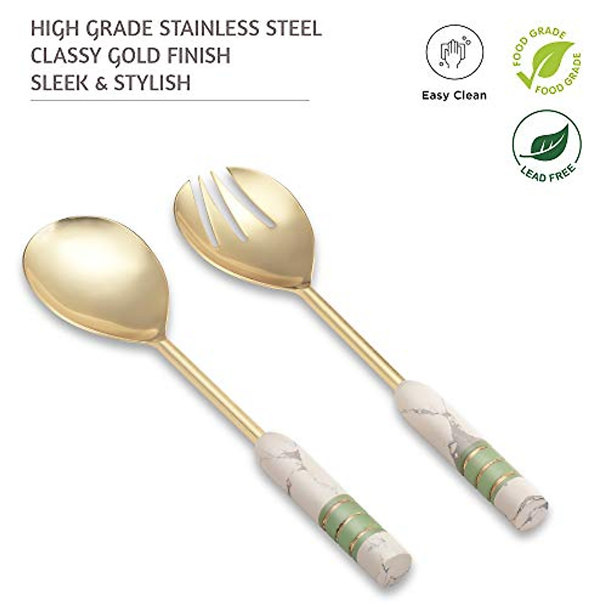 Folkulture Serving Spoons or Salad Servers for Modern Kitchen, Stainless Steel Serving Utensils - Spoon and Fork for Serving Salad, 12-inch Cooking Utensils Set with Marble Handle, Pearl White
