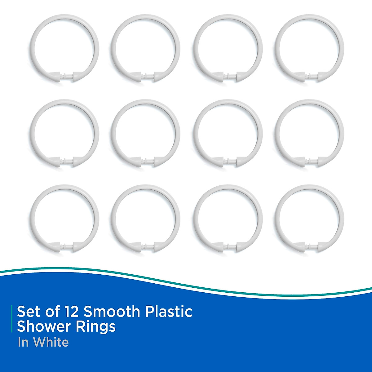 Kenney KN61217 Rust-Proof Smooth Plastic Shower Curtain Rings for Shower Curtain and Standard Shower Curtain Rod, Bathroom Use, Easy to Snap Closure, Easy to Install, Set of 12, White