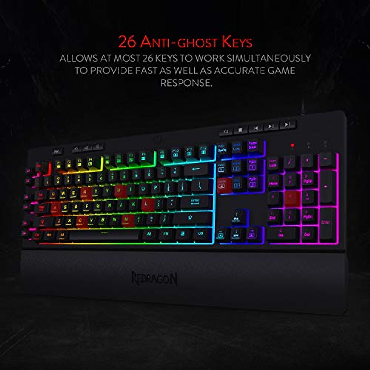 Redragon K512 Shiva RGB Backlit Membrane Gaming Keyboard with Multimedia Keys, Quiet Mechanical Feeling Keyboard, 6 Extra On-Board Macro Keys, Dedicated Media Control, Detachable Wrist Rest