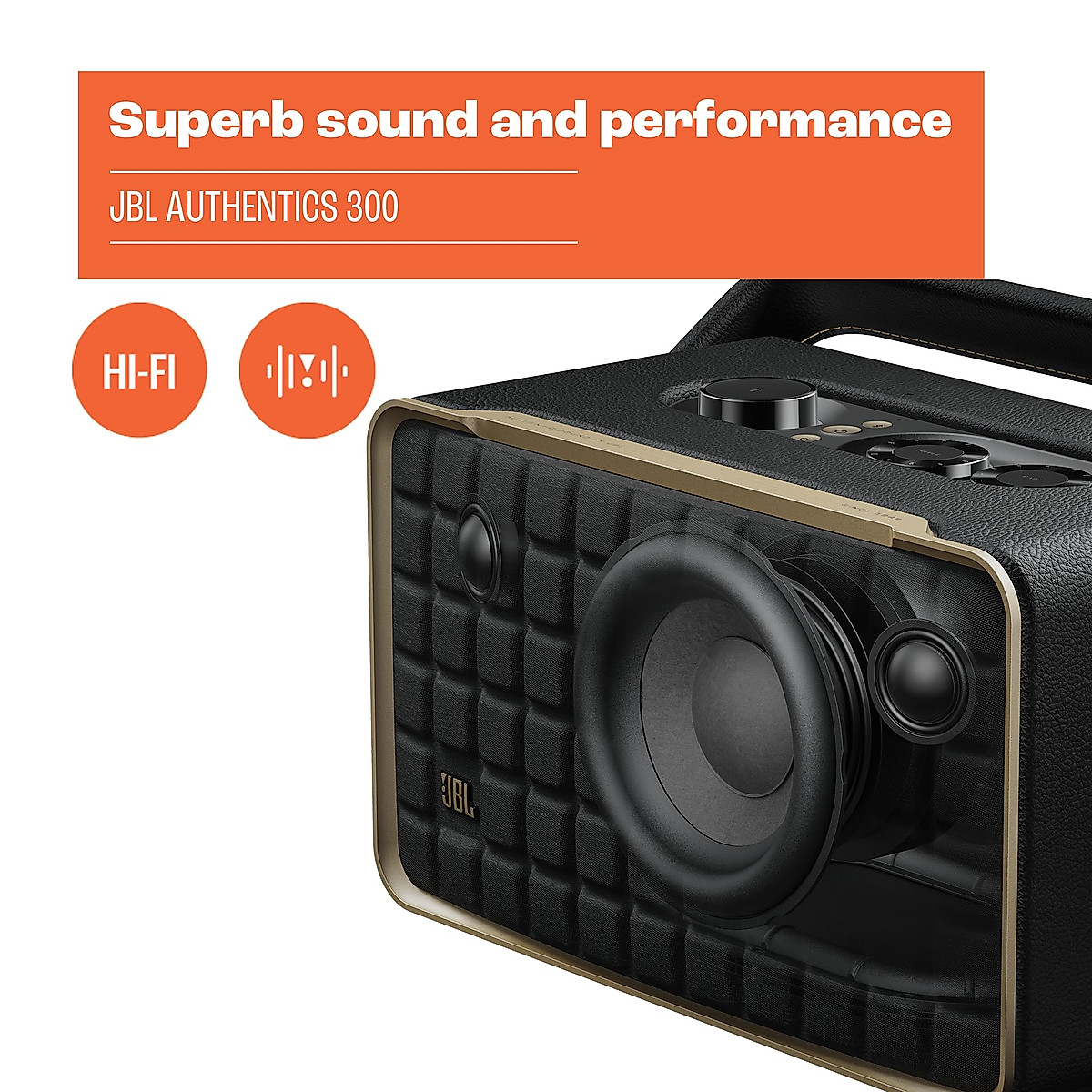 JBL Authentics 300 - Retro Style Wireless Bluetooth/WiFi Home Speaker, Built in Battery (4800mAh), Music Streaming Services via Built-in Wi-Fi, Built in Alexa and Google Assistant