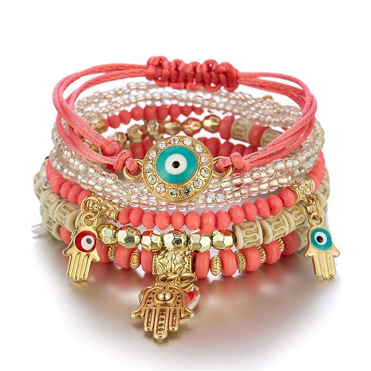 4 Sets Bohemian Stretch Beads Bracelets Multilayer Evil Eye Hamsa Hand Bracelet Boho Charms Stretch Stackable Bracelet Handmade Multicolor Crystal Beaded Lucky Protection Bangles Bracelet Set-4Sets