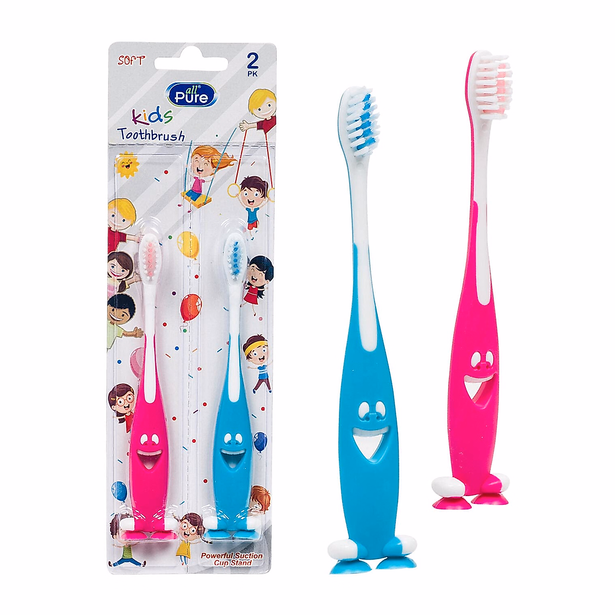 Care & Cleaning 2-Pack Kids' Soft Bristle Toothbrush Set with Suction Base, Multicolor