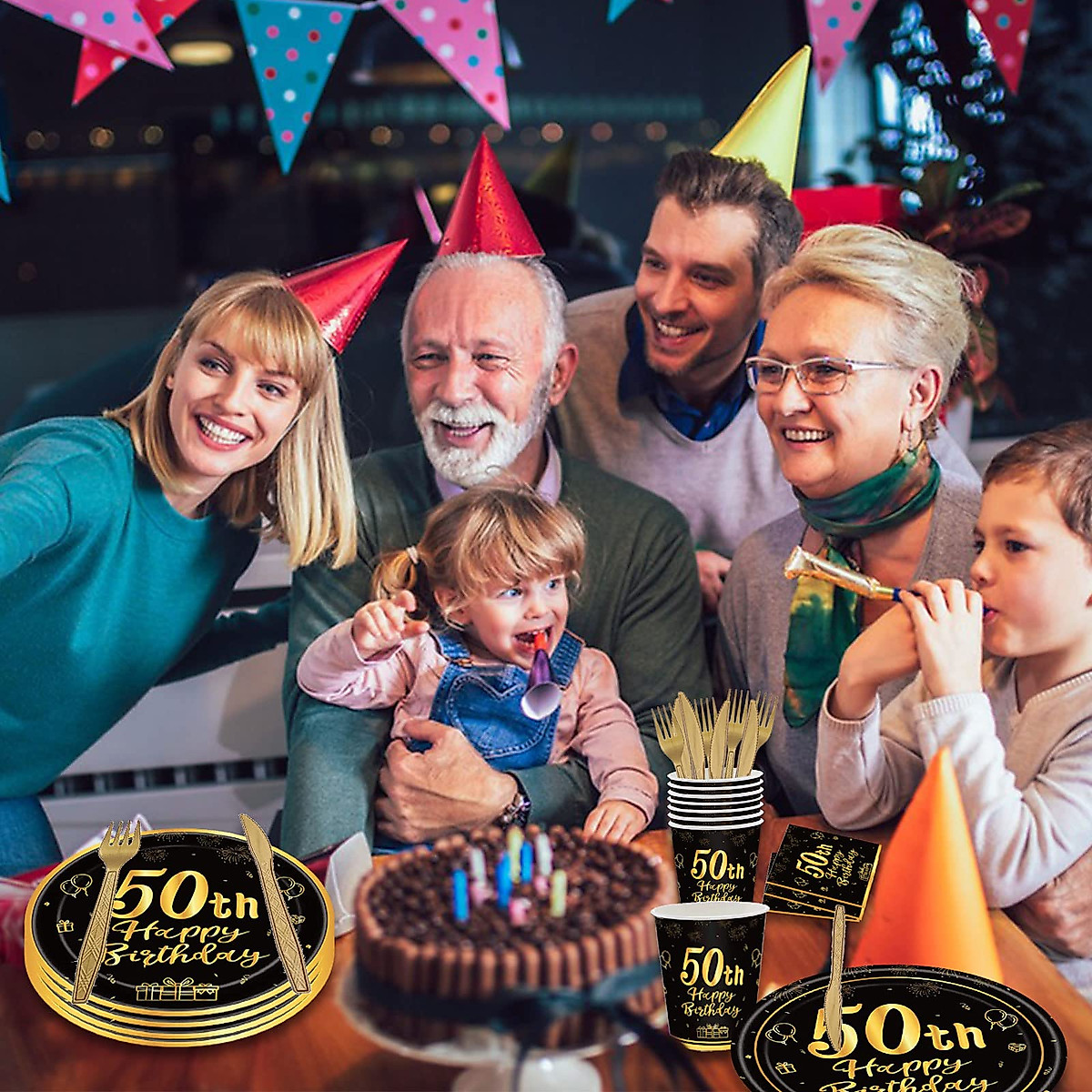 144PCS 50th Birthday Plates and Napkins Birthday Party Tableware Birthday Party Supplies 50th Birthday Party Decorations for Men Women 50th Birthday Paper Plates Napkins Cups Fork and Knives Serve 24