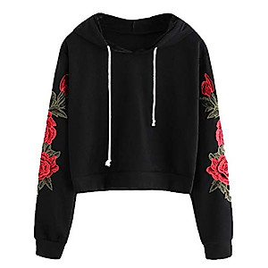F_Gotal Women Hoodie Long Sleeve Pullover Teen Girls Cute Crop Tops Solid Sweatshirts Casual Hollow Jumper Blouse Shirts