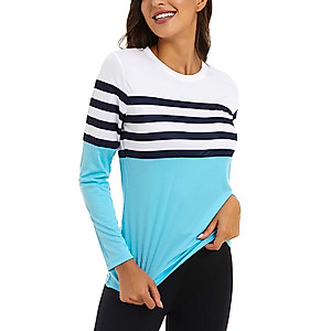 NEYOUQE Women's Summer Fall Comfort Colors Lovely Striped Long Sleeve Pullover Crewneck Travel Under Shirt Soft Aesthetic SPF Clothing Lake Blue S