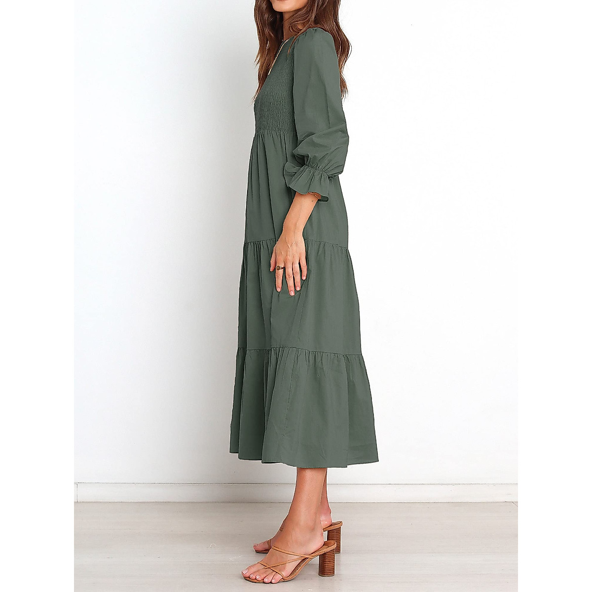 BTFBM Women Casual Long Sleeve Dress Fall Dresses 2025 Solid Color Relaxed Fit Smocked Tiered Flowy Boho Long Dresses(Solid Army Green,Large)