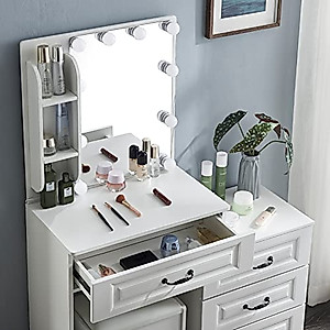 White Vanity Set, Makeup Vanity Desk with Lighted Mirror and Cushioned Stool, Bedroom Set with 4 Drawers and Shelves for Women, Girls